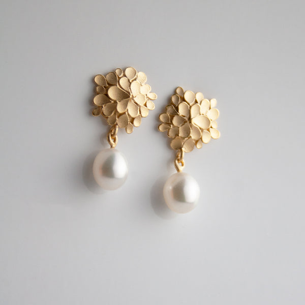 Dahlia asymmetrical 18ct. Gold and Freshwater Pearl drop Earrings